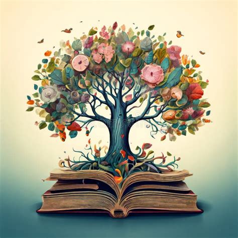 Tree Growing From An Open Book With Vibrant Flowers Stock Image Image Of Knowledge Detailed