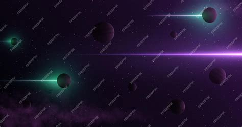 별과 은하의 배경에 행성 3d 감마선의 밝은 추상선은 공간을 통과합니다 환상적인 테마 패턴입니다 벡터 일러스트 레이 션 프리미엄 벡터