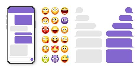 스마트폰 메시징 앱 이모티콘이 있는 사용자 인터페이스 디자인 Sms 텍스트 프레임입니다 보라색 메시지 풍선이 있는 채팅 화면