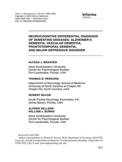 Neurocognitive Differential Diagnosis Of Dementing Diseases Alzheimer