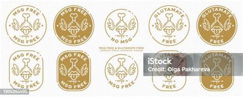 포장을 위한 개념 라벨링 글루타민산 나트륨 없음 고기 날개와 흐르는 성분 라인 입 아이콘 고기 맛 증강에서 자유의 상징 인공 감칠맛없이 벡터 집합입니다 고기에 대한 스톡