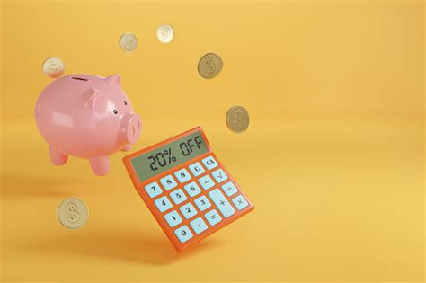 돼지 저금통 옆의 화면에서 텍스트가 20 할인 된 계산기와 복사 공간이있는 동전 3d 그림 3차원 형태에 대한 스톡 사진 및 기타 이미지 Istock