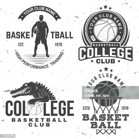 농구 대학 클럽 배지 세트 벡터 셔츠 인쇄 우표 또는 티에 대 한 개념입니다 악어와 농구 볼 실루엣 빈티지 타이포 그래피 디자인 Championship에 대한 스톡 벡터