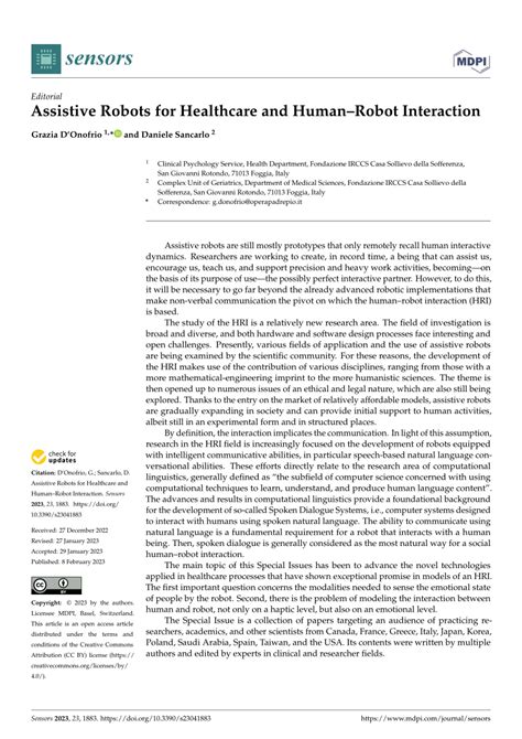 PDF Assistive Robots For Healthcare And HumanRobot Interaction