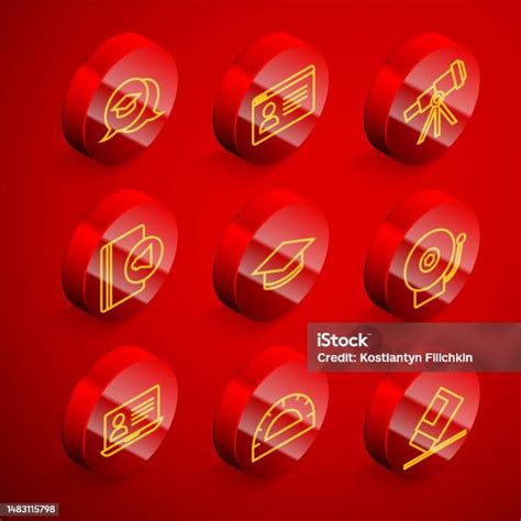 말풍선 온라인 수업 망원경 오디오 북 울리는 알람 벨 및 각도기 그리드 아이콘에 줄 눈금 캡을 설정합니다 벡터 3차원 형태에 대한 스톡 벡터 아트 및 기타 이미지 Istock