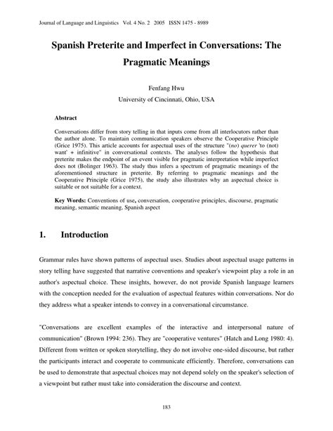 Pdf Spanish Preterite And Imperfect In Conversations The Pragmatic Meanings