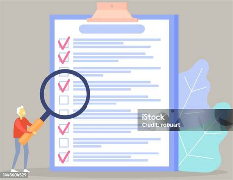 돋보기로 목록을 공부하는 남자 돋보기를 가진 사람이 클립 보드의 체크리스트를 봅니다 개념에 대한 스톡 벡터 아트 및 기타 이미지 개념 경영자 계획 Istock