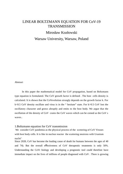 Pdf Linear Boltzmann Equation For Cov 19 Transmission