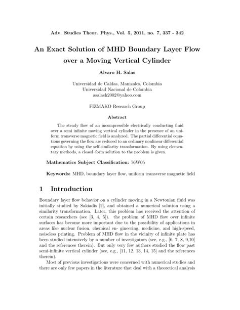 Pdf An Exact Solution Of Mhd Boundary Layer Flow Over A Moving Vertical Cylinder