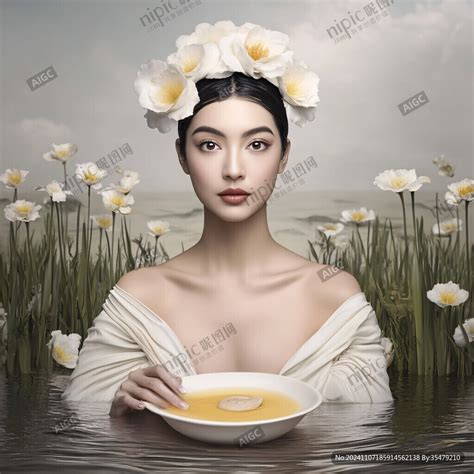 Ai创作图花茶美女 荷花模型 创意人像作品 花茶女郎 菊贡茶美女 写实人物插画 写实美女 质感合成风 宣传照插图配图 鲜花与美女 美容养生美女 美女艺术照 美工修图 东方女性美女人物 荷花上的