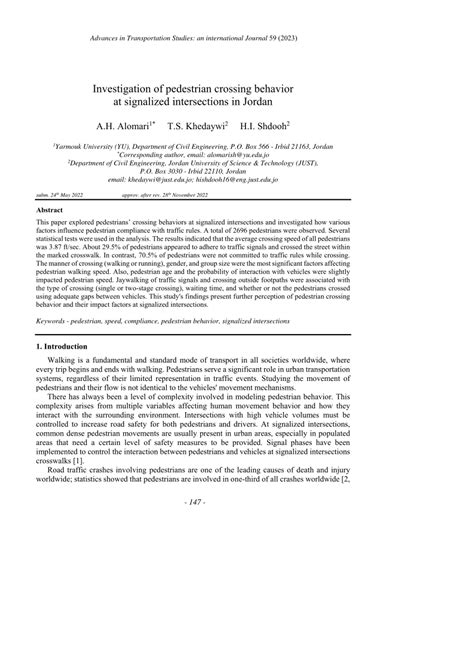 Pdf Investigation Of Pedestrian Crossing Behavior At Signalized Intersections In Jordan