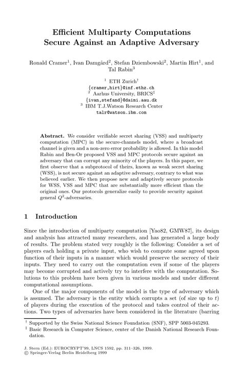 Pdf Efficient Multiparty Computations Secure Against An Adaptive
