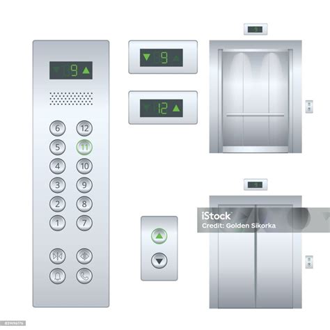 절연 평면 그림 오픈 및 닫힌된 크롬 사무실 건물 엘리베이터 문을 현실적인 홀 인테리어 금속 패널 단추 평면 엘리베이터 디자인 모음 엘리베이터에 대한 스톡 벡터 아트 및