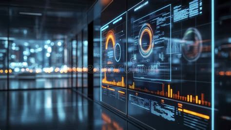 Futuristic Digital Interface With Data Visualizations In Modern Office Stock Illustration