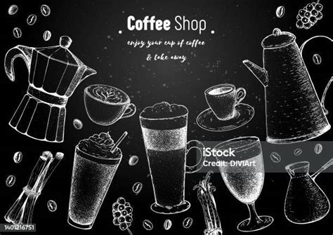 커피 컵 콩 커피 냄비 일러스트 커피숍빈티지 디자인 새겨진 벡터 그림입니다 0명에 대한 스톡 벡터 아트 및 기타 이미지 0명