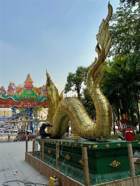 ប៉ុន្មានសន្លឹក រូបនាគធ្វើពីឫស្សី លាបពណ៌មាស យ៉ាងស្រស់ស្អាត នៅរមណីយដ្ឋាន