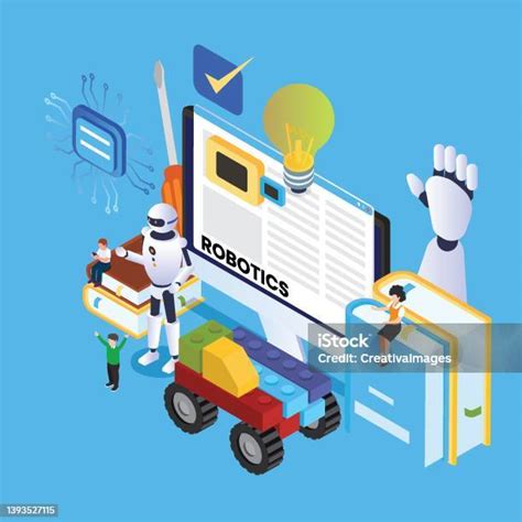 아이소메트릭 3d를 가진 십대 소년 로봇의 성격을 가진 로봇 공학 아이들 교육 구성 공학에 대한 스톡 벡터 아트 및 기타 이미지