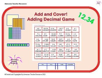Add And Cover Adding Decimals Game By Awesome Teacher Resources