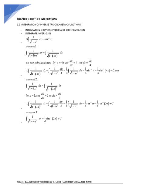 Chapter 1 Futher Integration Integration Of Inverse Trigonometric