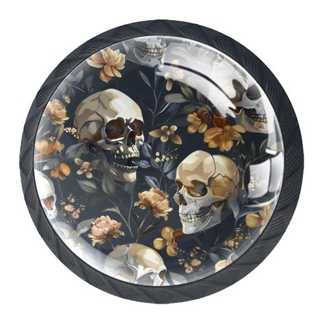 4 Pack Black Drawer Knobs Skulls Floral Cabinet Knobs Round Glass Knobs For Kitchen Cabinet