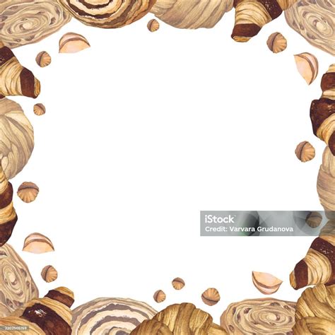 베이킹의 수채화 그림 흰색 배경에 고립된 클립 아트에서 손으로 그린 프레임입니다 메뉴 간판 포장 직물 인쇄물을 위한 사실적인 수채화 빵의 밝고 식욕을 돋우는 사진 개체