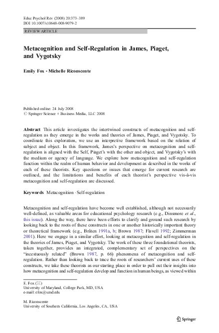 Pdf Metacognition And Self Regulation In James Piaget And Vygotsky
