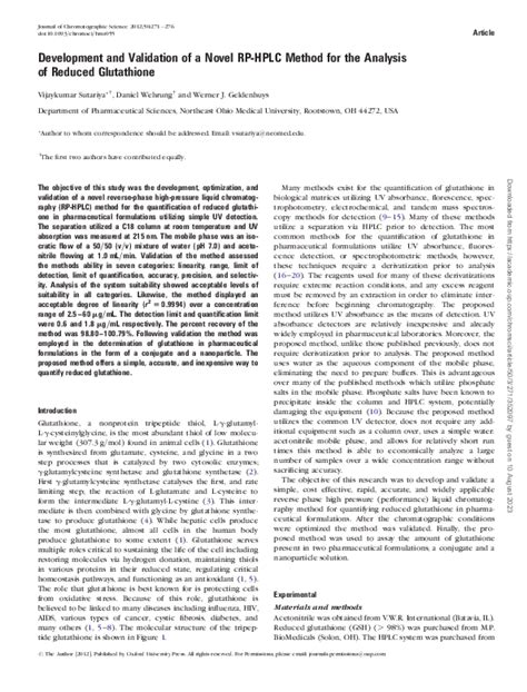 Pdf Development And Validation Of A Novel Rp Hplc Method For The Analysis Of Reduced Glutathione