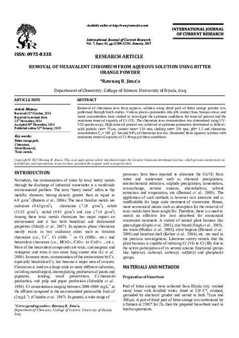 Pdf Removal Of Hexavalent Chromium From Aqueous Solution