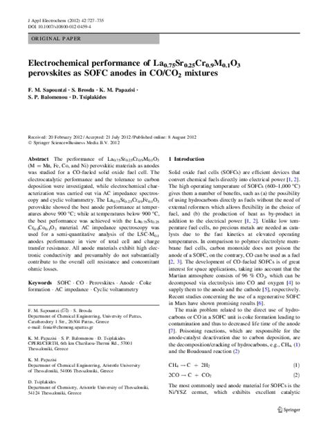 Pdf Electrochemical Performance Of La0 75sr0 25cr0 9m0 1o3 Perovskites As Sofc Anodes In Co