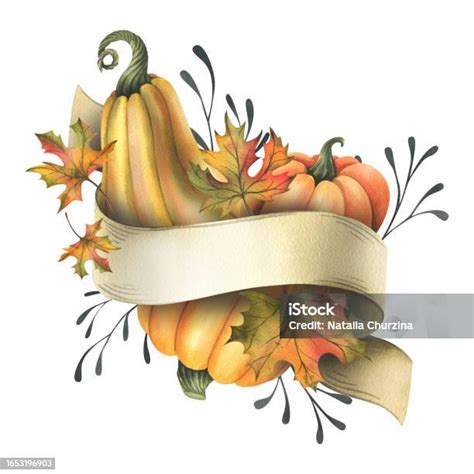 단풍잎 나뭇가지 종이가 있는 주황색 가을 호박은 텍스트를 위한 빈 템플릿입니다 수채화 그림 손으로 그린 흰색 배경에 격리된 구성입니다 10월에 대한 스톡 벡터 아트 및 기타
