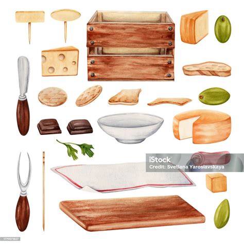 치즈 슬라이스 올리브 햄 크래커 서빙 보드 테이블 천 나무 상자 나이프와 포크 접시로 구성된 피크닉 시식 메뉴 세트 흰색 배경에 고립된 수채화 그림입니다 개체 그룹에 대한