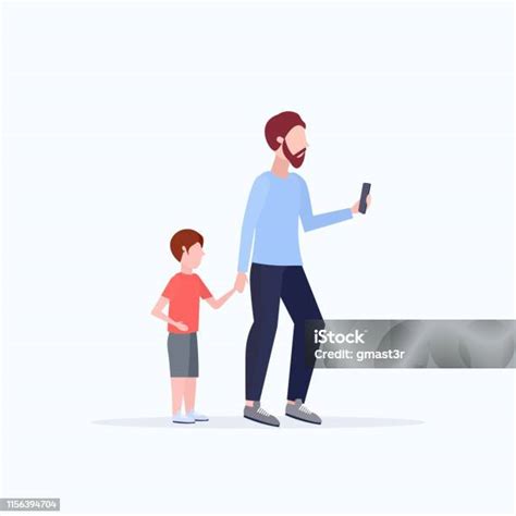 남자 를 사용 하 여 핸드폰을 사용 하 여 작은 아이 아들과 함께 걷는 동안 아버지 스마트폰 중독 개념 플랫 전체 길이 흰색 배경에서 관심을 원한다 걷기에 대한 스톡 벡터
