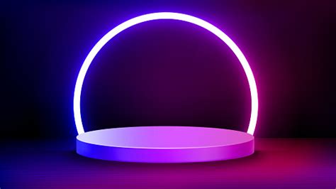 무대와 빛나는 네온 아크가 있는 인테리어 3d 벡터 그림 0명에 대한 스톡 벡터 아트 및 기타 이미지 0명 3차원 형태 강단 Istock