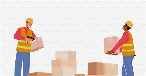 화물 상자의 바코드를 스캔하고 스캐너로 화물 번호를 확인하는 창고 작업자 물류 및 운송 상품 서비스 소포 배송 창고 만화 사람들 벡터 일러스트레이션 벡터