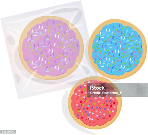 서리로 덥은 설탕 쿠키 설정 이탈리아 갓 구운 쿠키 핑크 바이올렛 블루 설탕 프로 스 팅과 화려한 스프링 투명 한 플라스틱 패키지에 흰색 배경에 밝은 색상 벡터 귀여운에