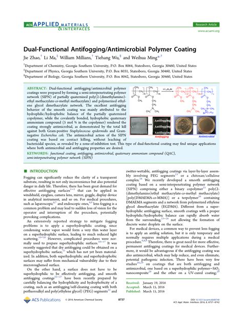 Pdf Dual Functional Antifoggingantimicrobial Polymer Coating