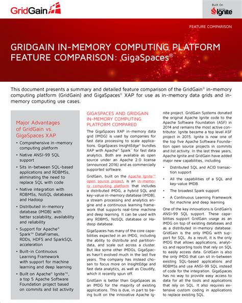 GridGain And GigaSpaces Feature Comparison GridGain Systems