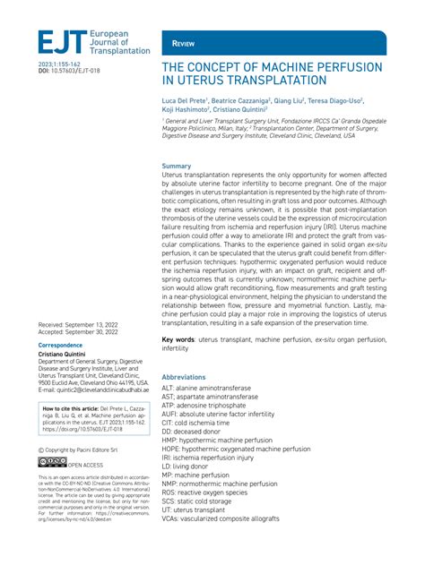 PDF THE CONCEPT OF MACHINE PERFUSION IN UTERUS TRANSPLATATION