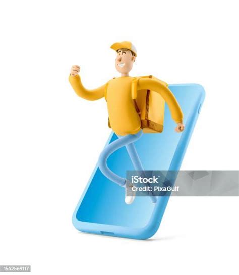 노란 유니폼을 입은 배달원이 큰 가방을 들고 서 있다 3d 그림입니다 만화 캐릭터입니다 특급 온라인 배달 개념입니다 배달에 대한 스톡 사진 및 기타 이미지 Istock