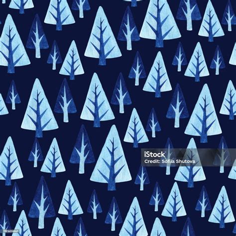 겨울 나무와 원활한 패턴 어두운 배경에 파란색 크리스마스 트리와 수채화 배경입니다 0명에 대한 스톡 벡터 아트 및 기타 이미지 0명 가문비나무 건강관리와 의술