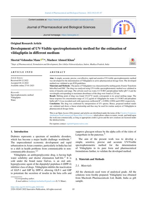Pdf Development Of Uv Visible Spectrophotometric Method For The Estimation Of Vildagliptin In