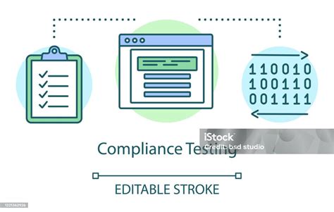 규정 준수 테스트 개념 아이콘입니다 컴퓨터 프로그램 스탠드 아트 아이디어 얇은 라인 일러스트 소프트웨어 테스트 프로세스 문제 및