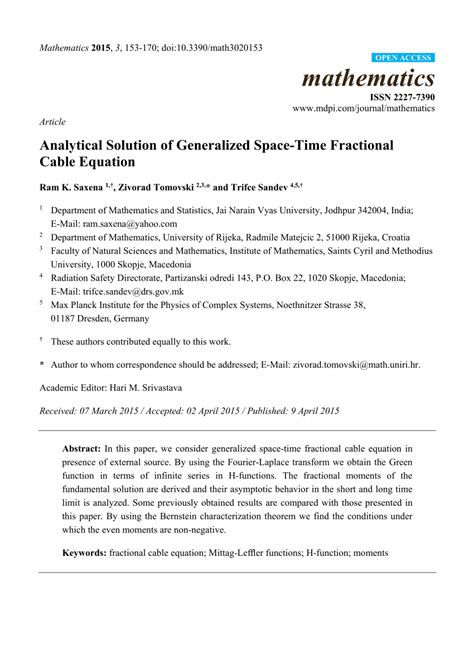 Pdf Analytical Solution Of Generalized Space Time Fractional Cable