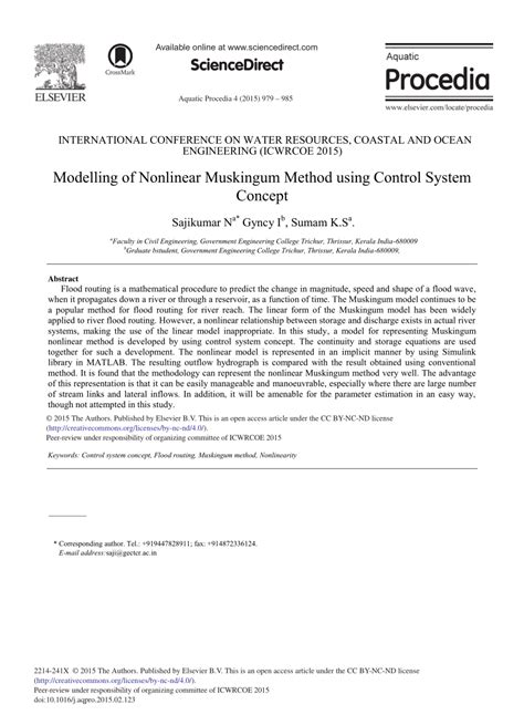 Pdf Modelling Of Nonlinear Muskingum Method Using Control System Concept