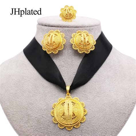 Eritrean Ethiopian Gold Plated Luxury Bride Party Wedding Jewelry Sets Necklaces Earrings Ring