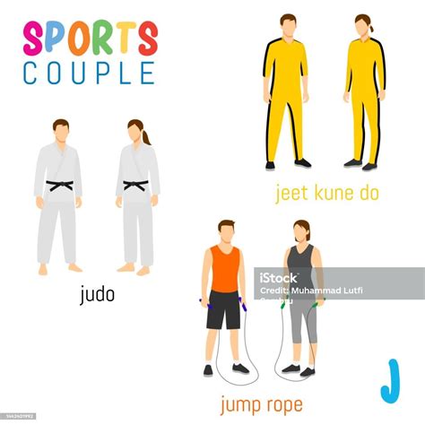 J 문자와 벡터에 스포츠 커플 알파벳 일러스트 만화 스포츠 화려한 스타일의 알파벳 디자인 건강한 생활방식에 대한 스톡 벡터 아트