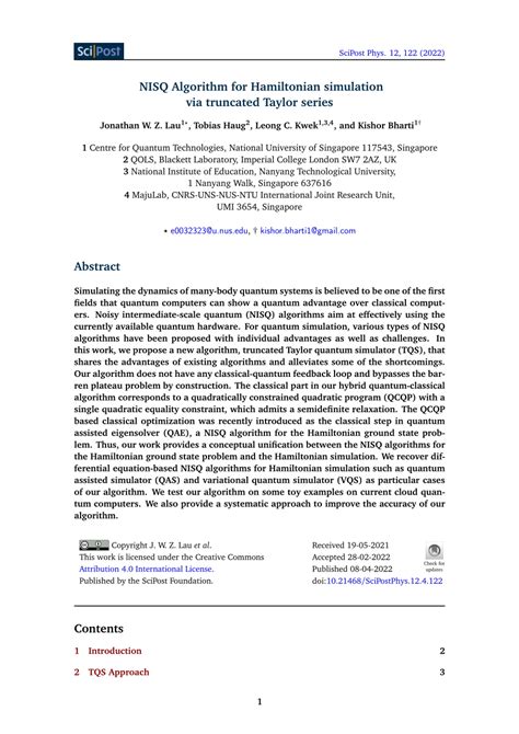 Pdf Nisq Algorithm For Hamiltonian Simulation Via Truncated Taylor Series