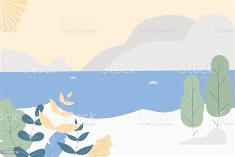판타지 귀여운 해변 풍경입니다 세련 된 패션 식물 나뭇잎 산 태양 바다와 자연 최소한의 평면 디자인 스타일 덤 불 나무 벡터 일러스트입니다 부드러운 색상 0명에 대한 스톡