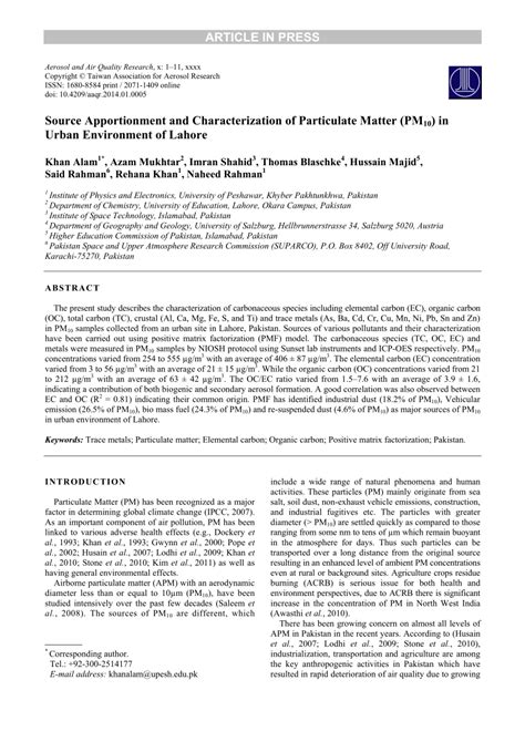 Pdf Source Apportionment And Characterization Of Particulate Matter