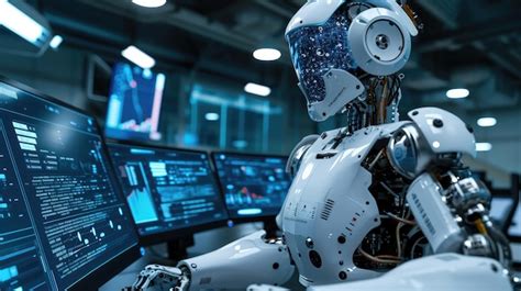 Premium Photo Robot Sitting In Front Of Computer Monitor